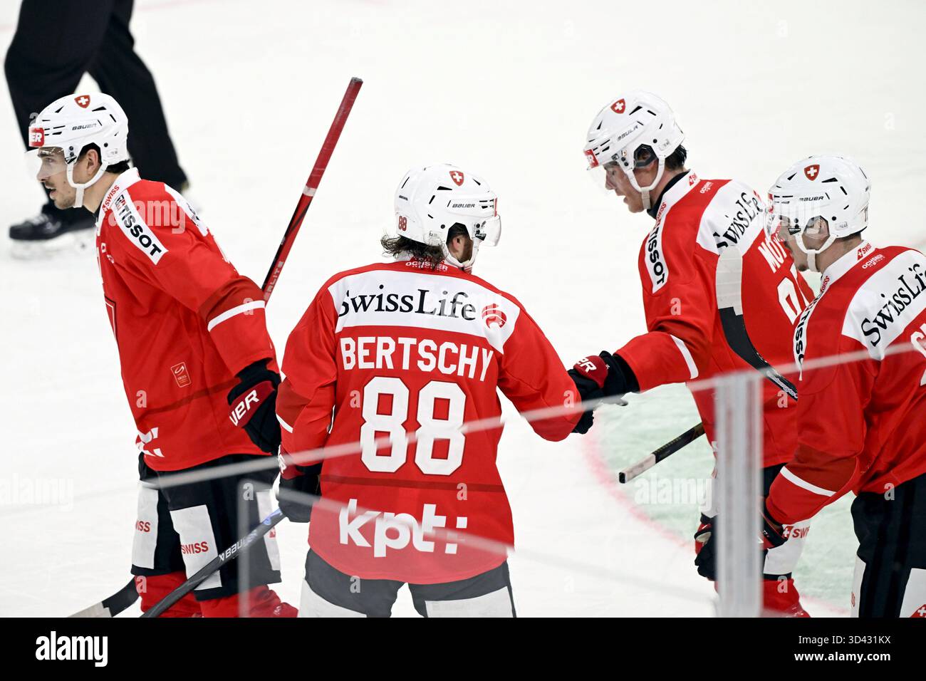 Simon Knak (L) of Switzerland celebrates his 6-3 goal during the Euro ...