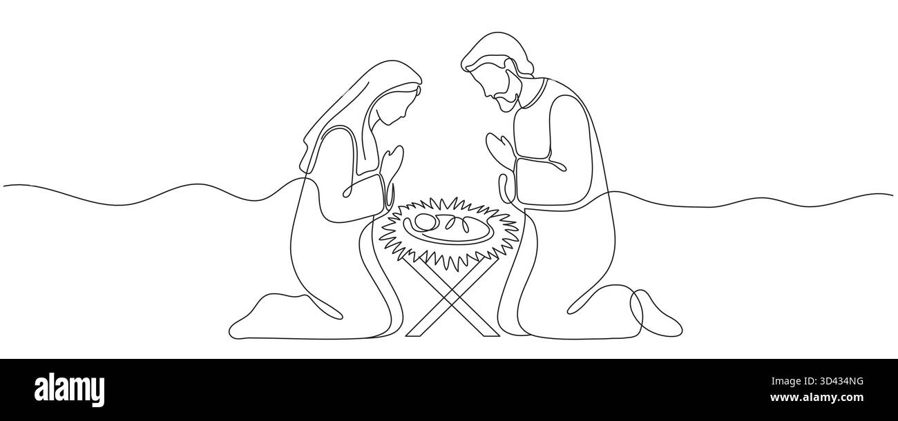 Continuous one line Christmas vector Christian nativity scene of baby ...