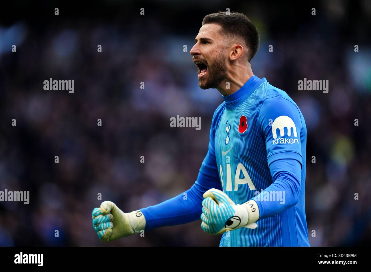 Tottenham Hotspur goalkeeper Guglielmo Vicario celebrates his sides ...