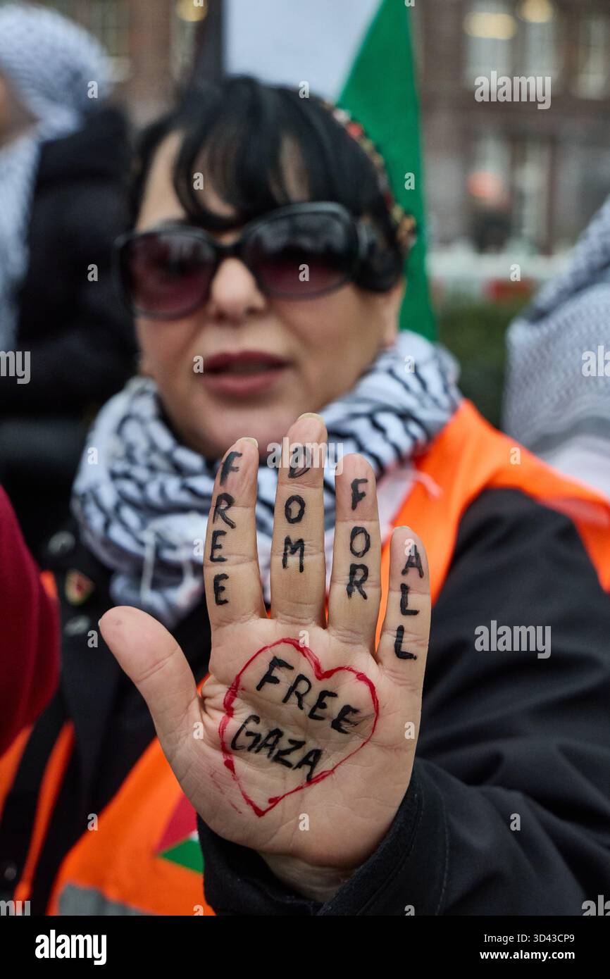 08 November 2025, Hamburg: A participant in a rally against the ...