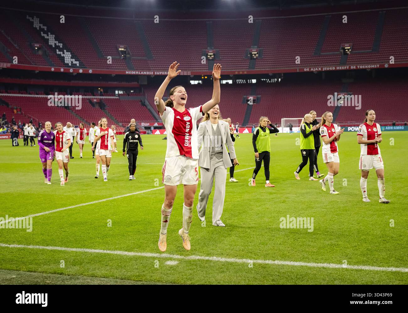 AMSTERDAM - Renee van Asten of Ajax celebrates the 2-1 victory during ...