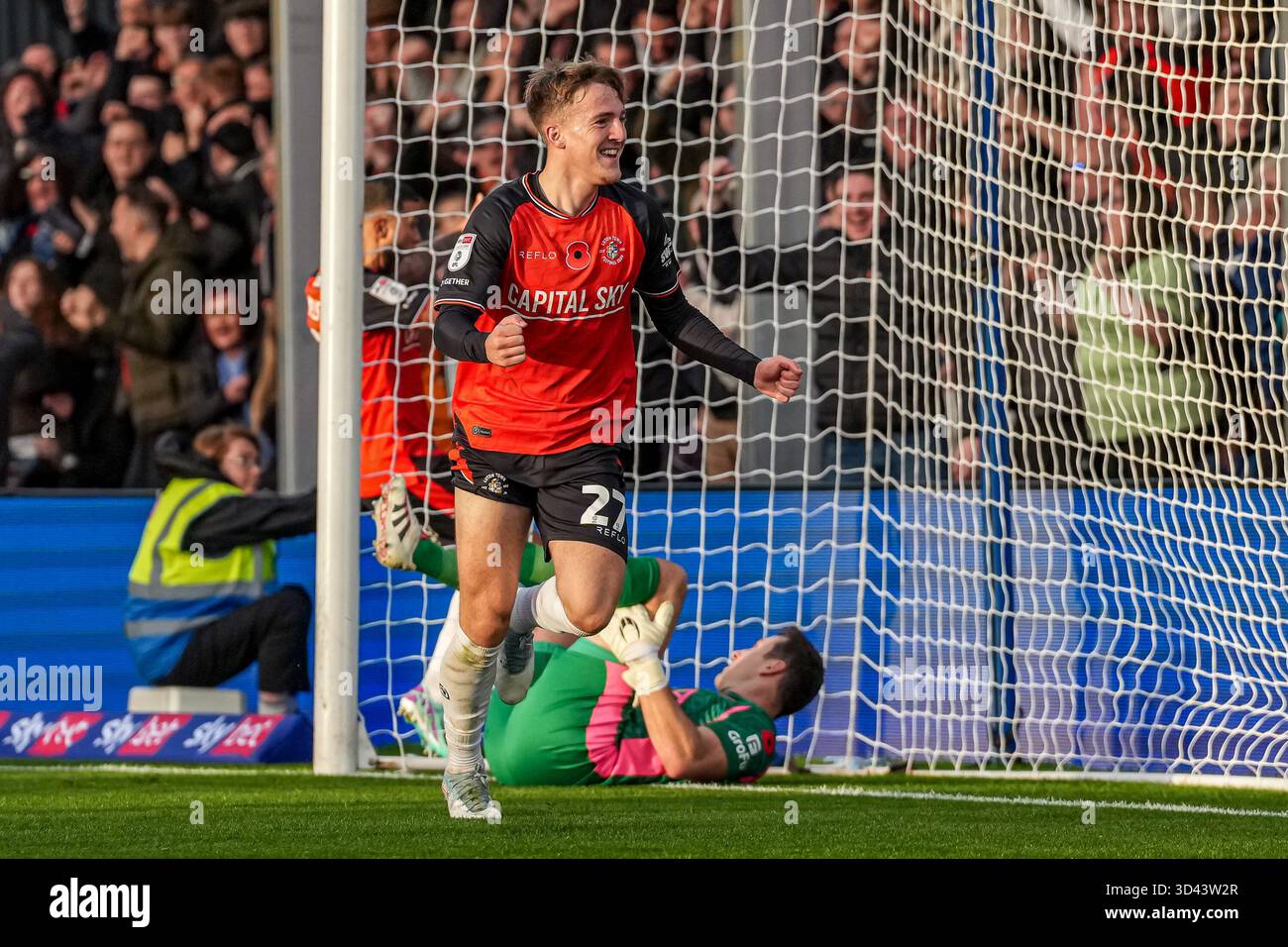 GOAL - Jake Richards (27) of Luton Town (centre) celebrates after he ...