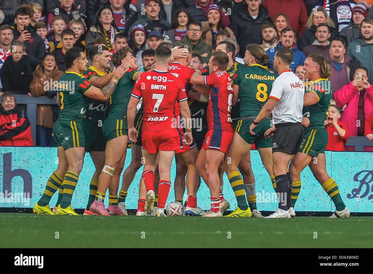 UK. 08th Nov, 2025. LEEDS, ENGLAND - November 8: Players come together ...