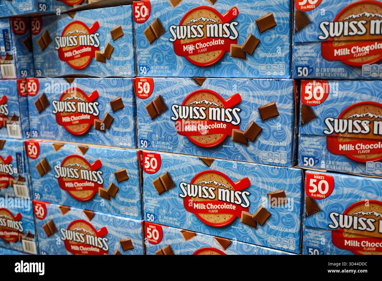 Bulk boxes of Swiss Miss hot chocolate inside a Sam's Club supermarket ...