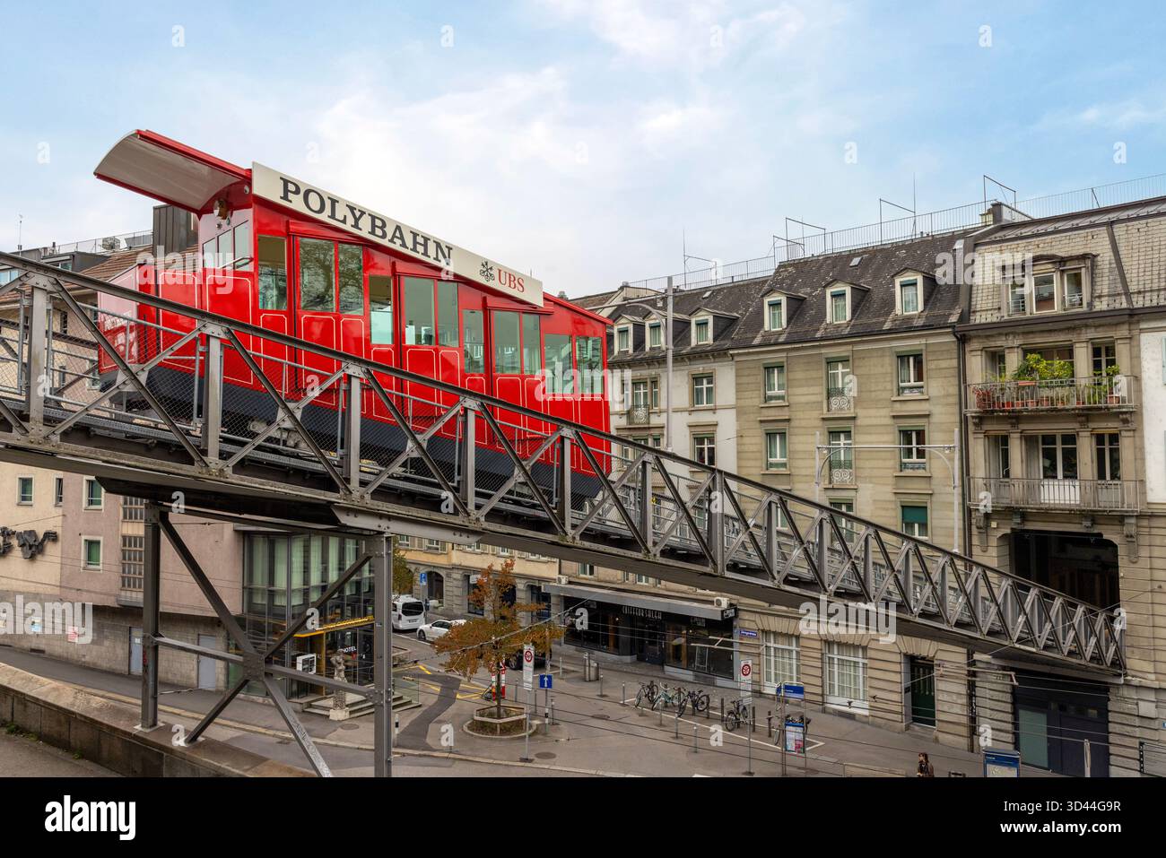 The iconic red Polybahn funicular, a historic railway dating to 1889 ...