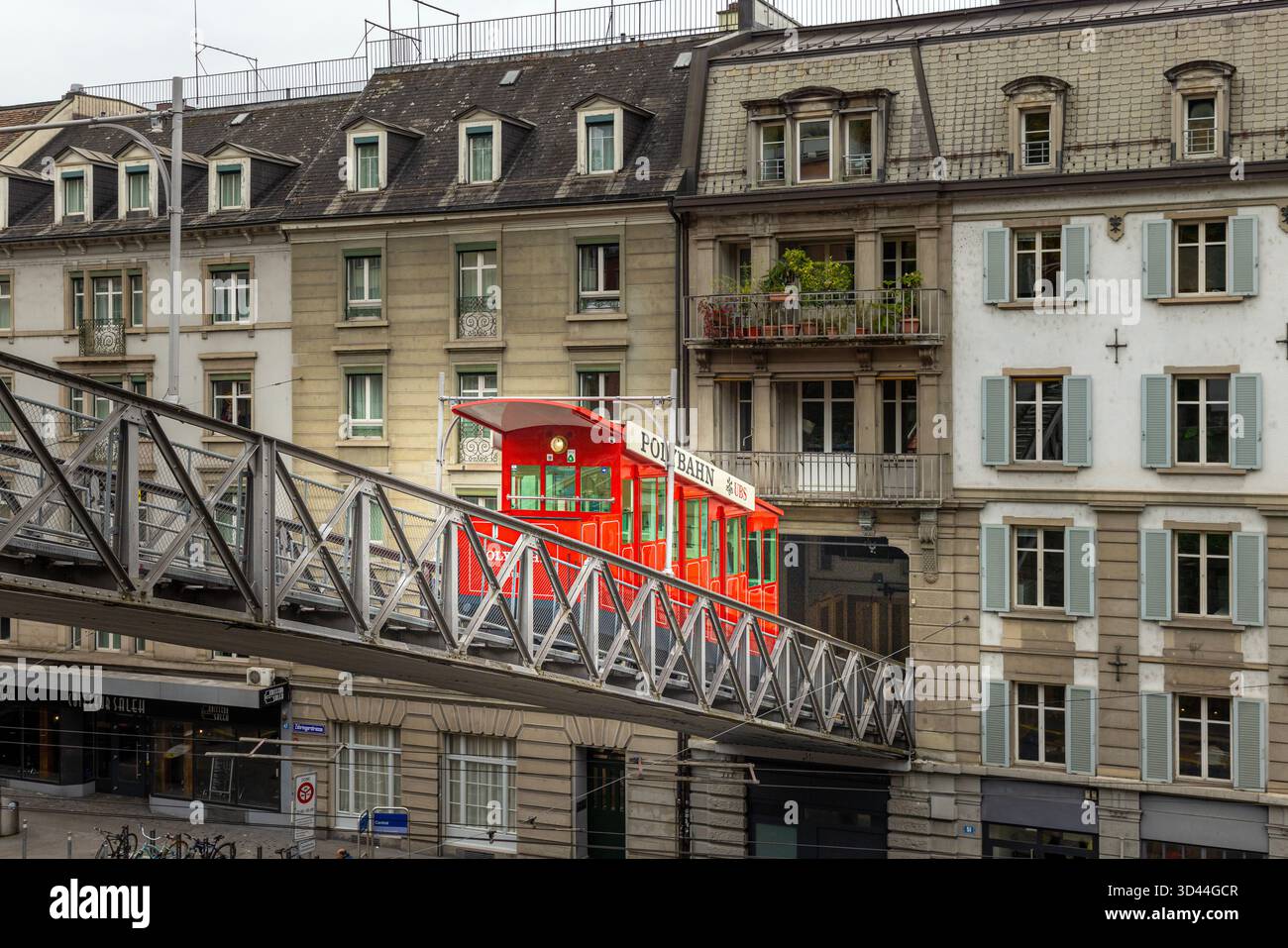 The iconic red Polybahn funicular, a historic railway dating to 1889 ...