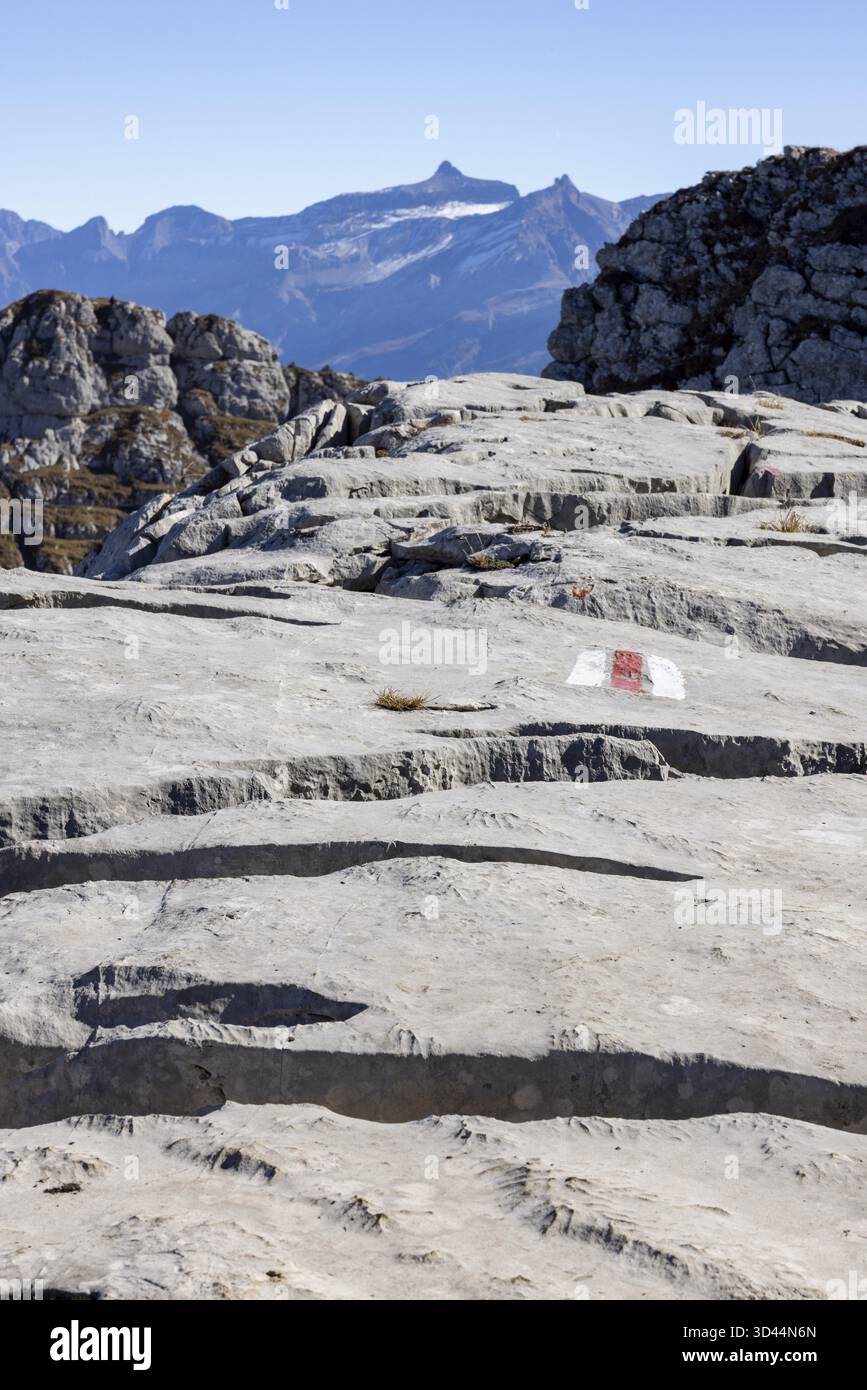 Hiking trail marking, trail sign on limestone, Les Truex karst area ...