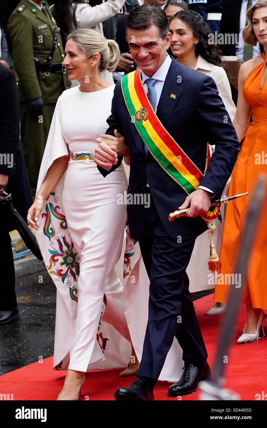 President Rodrigo Paz and his wife Maria Elena Urquidi smile to ...