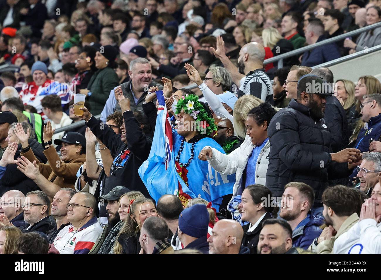 Fiji fans celebrate the try of Caleb Muntz of Fiji during the Quilter ...