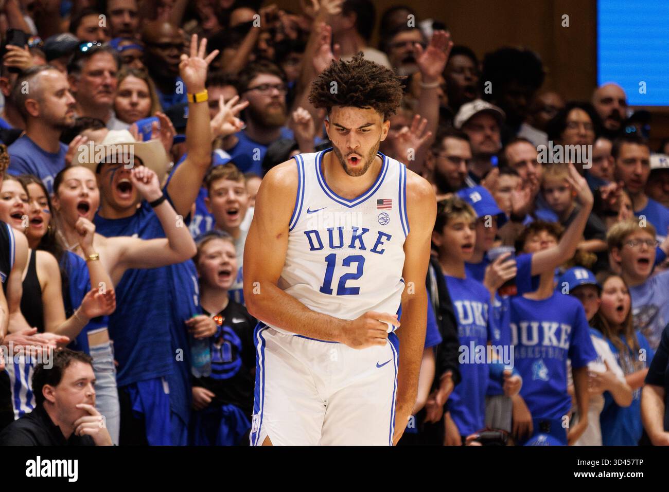 Duke's Cameron Boozer (12) reacts after hitting a 3-pointer during the ...
