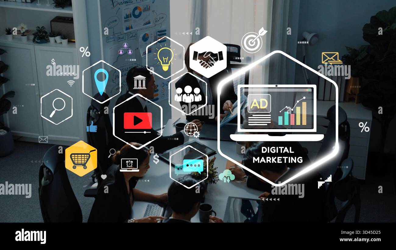 A dynamic scene depicting a team engaged in digital marketing strategy ...