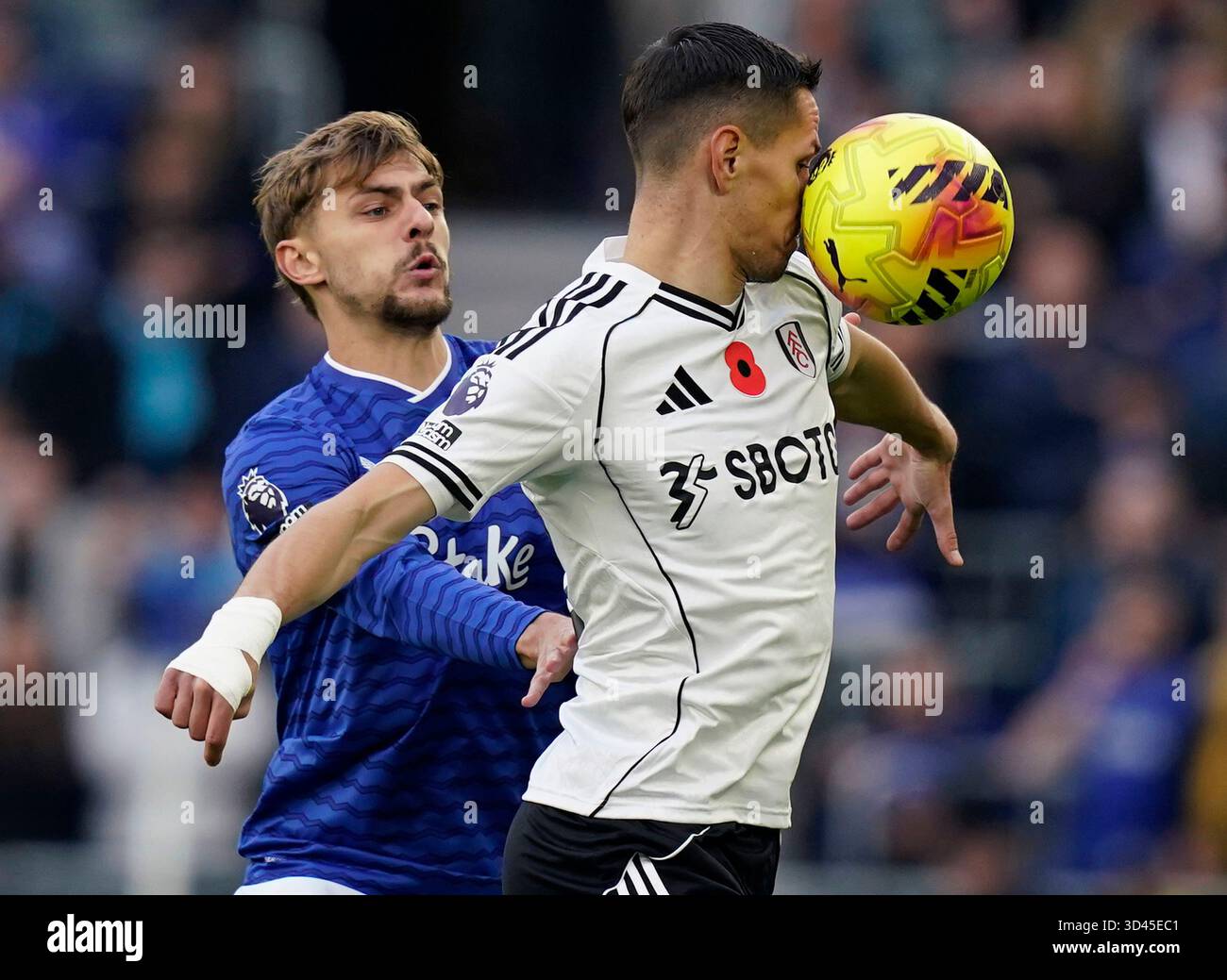 Liverpool, England, 8th November 2025. Sasa Lukic of Fulham (R) is ...