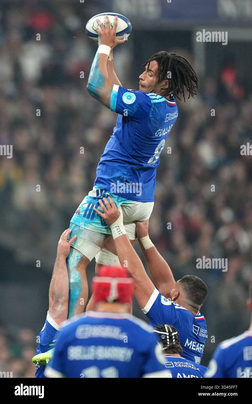 France's Mickael Guillard collects a line out during the rugby union ...
