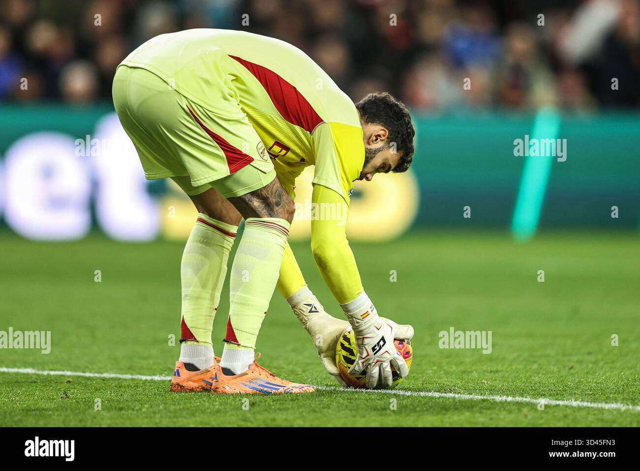 Arsenal goalkeeper David Raya prepares to take a goal kick during the ...