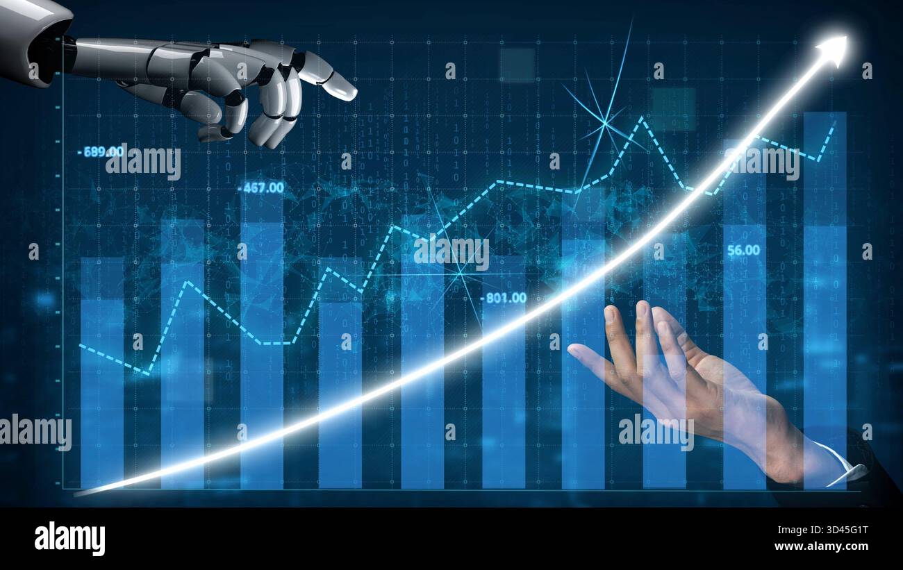 A robotic hand reaching out towards a human hand against a backdrop of ...