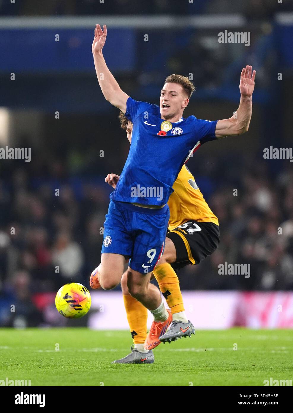 Chelsea's Liam Delap reacts after a challenge by Wolverhampton ...