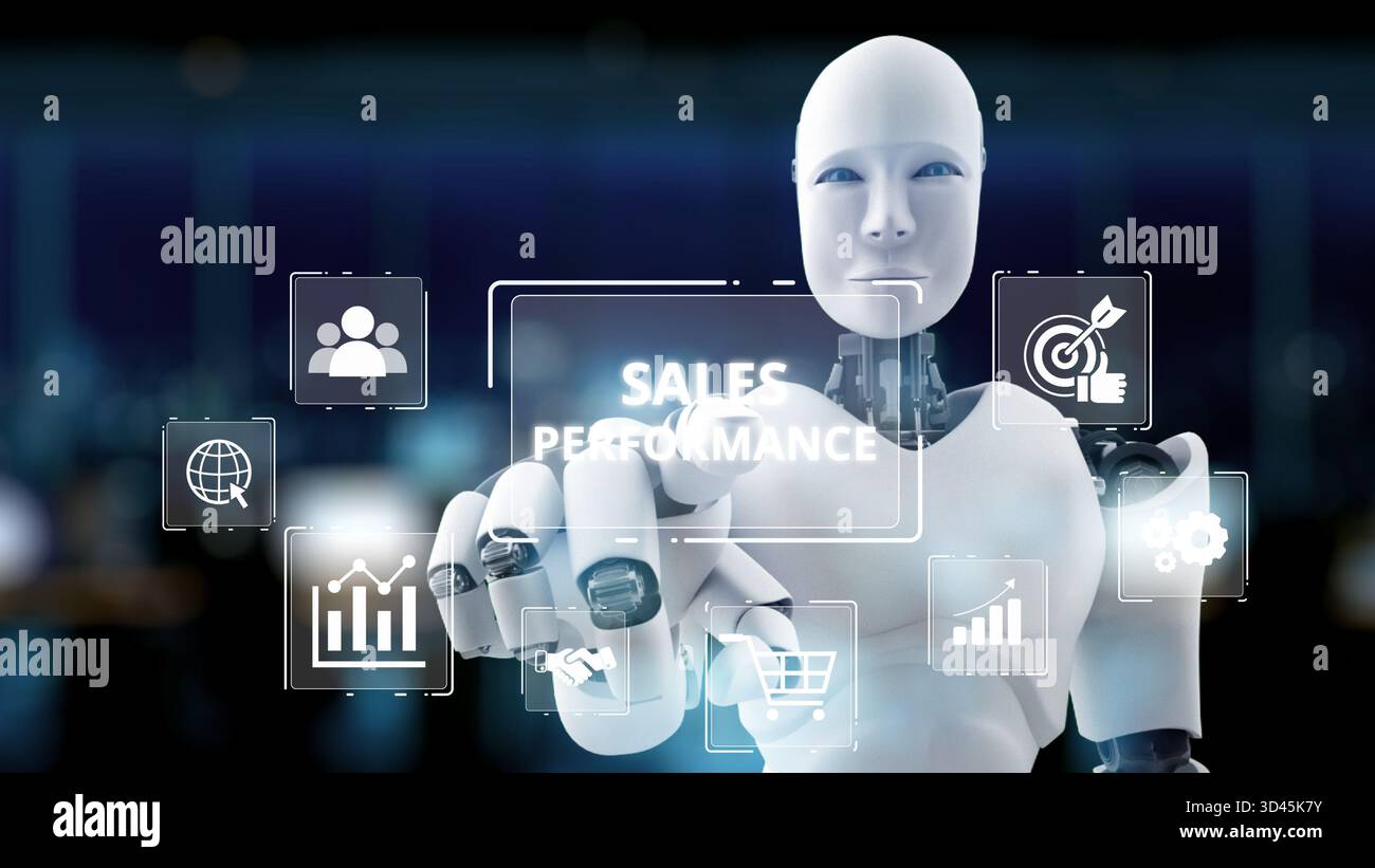A humanoid robot interacts with a digital sales performance interface ...