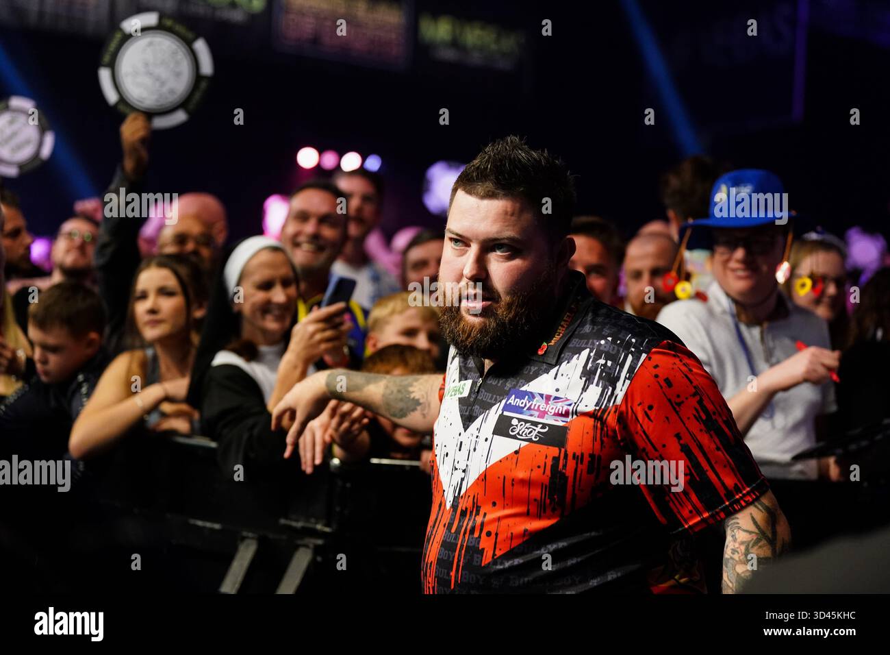 Michael Smith during his walk on before his match with Nathan Aspinall ...