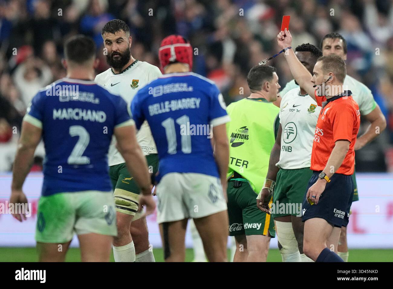 South Africa's Lood de Jager, second left, gets a red card from referee ...