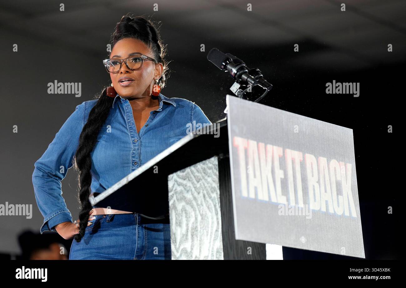 U.S. Rep. Jasmine Crockett, D-Texas, speaks to the crowd before ...