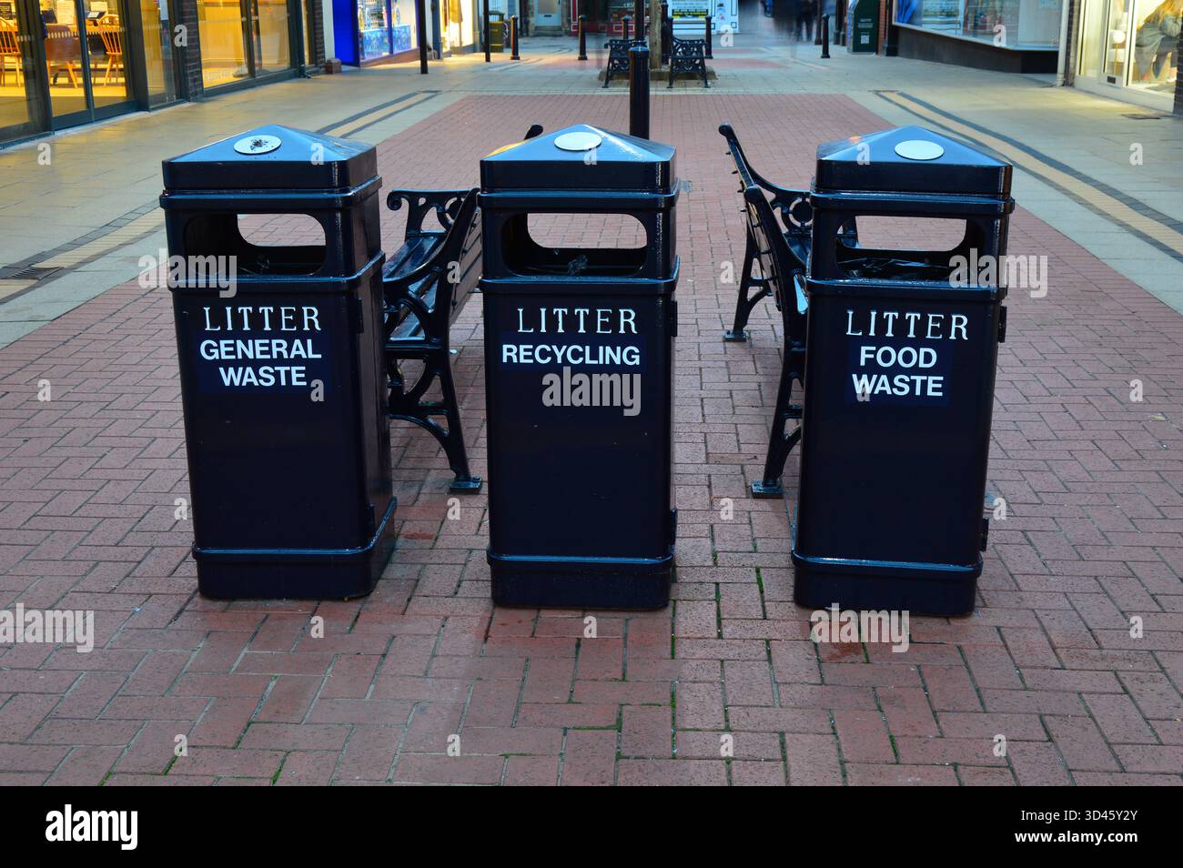 Three public waste bins on pedestrian street in Lichfield Stock Photo ...