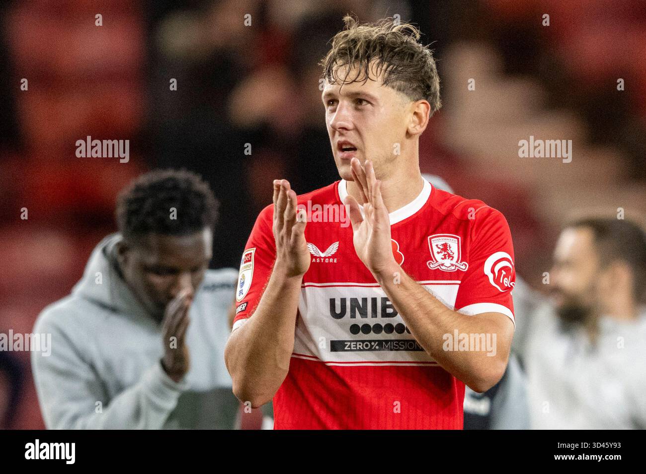 Callum Brittain of Middlesbrough applauds the Boro support at the end ...