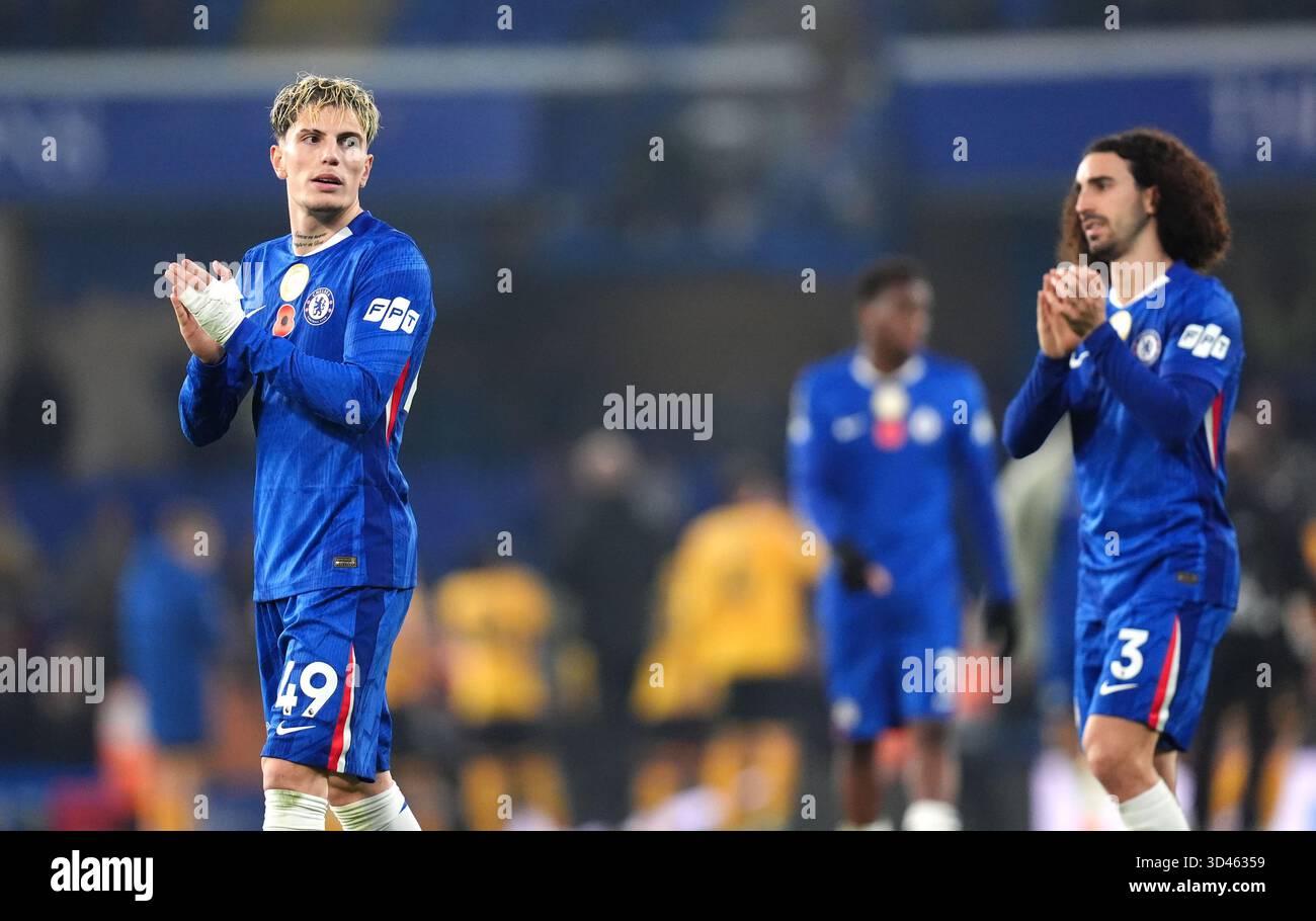 Chelsea's Alejandro Garnacho (left) and Marc Cucurella applaud the fans ...