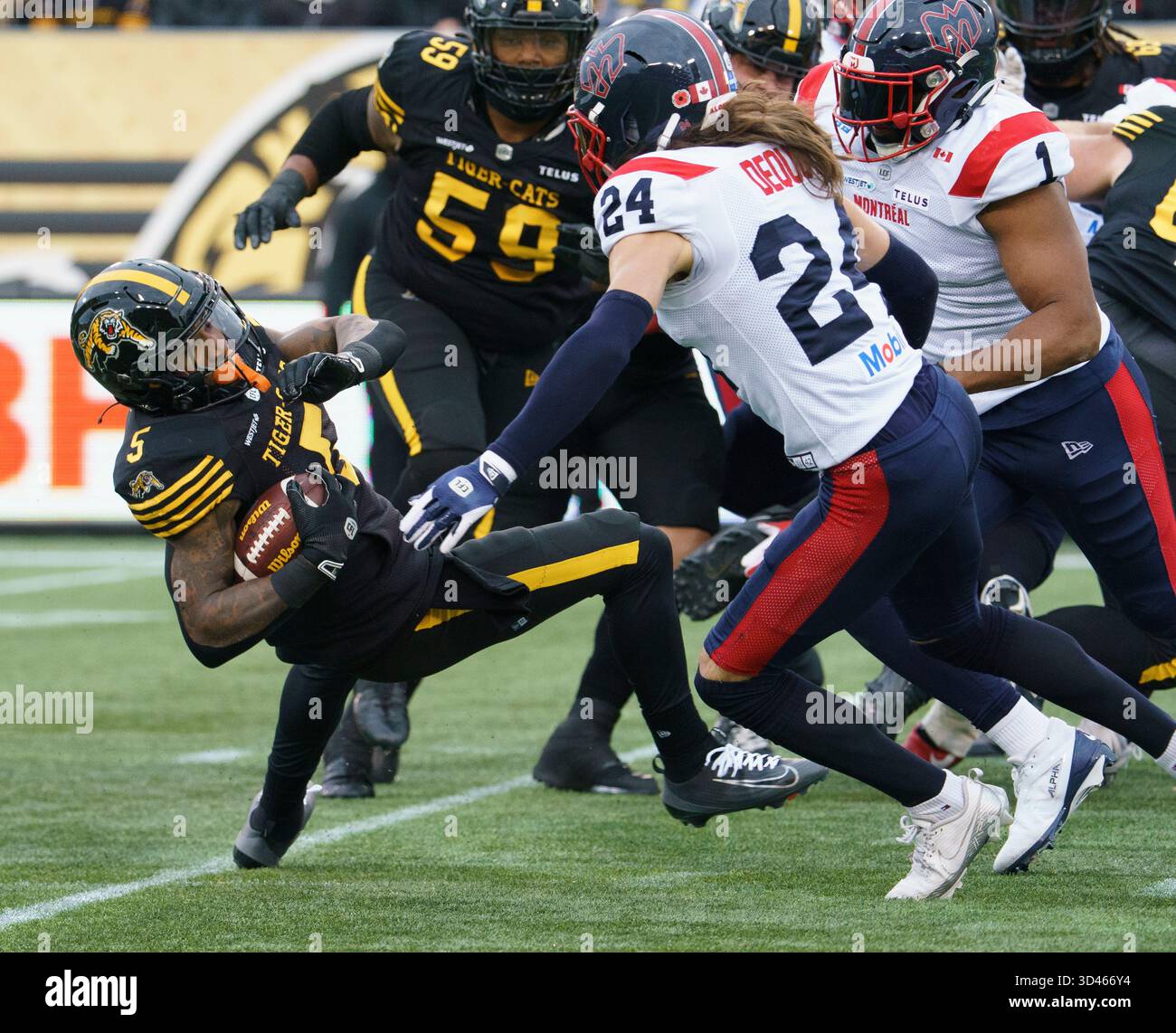 Hamilton Tiger Cats running back Greg Bell (5) slips during first half ...