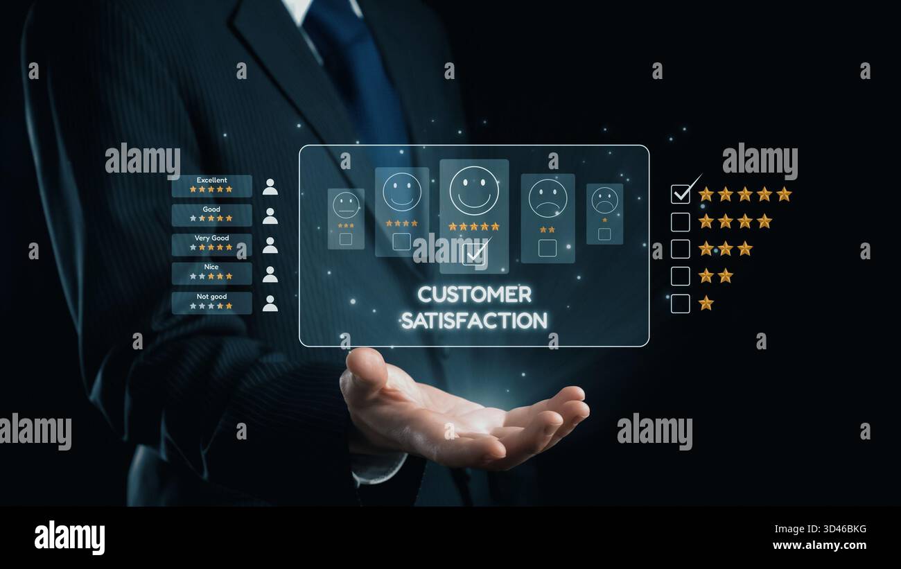 A modern businessman analyzes customer satisfaction using a digital ...