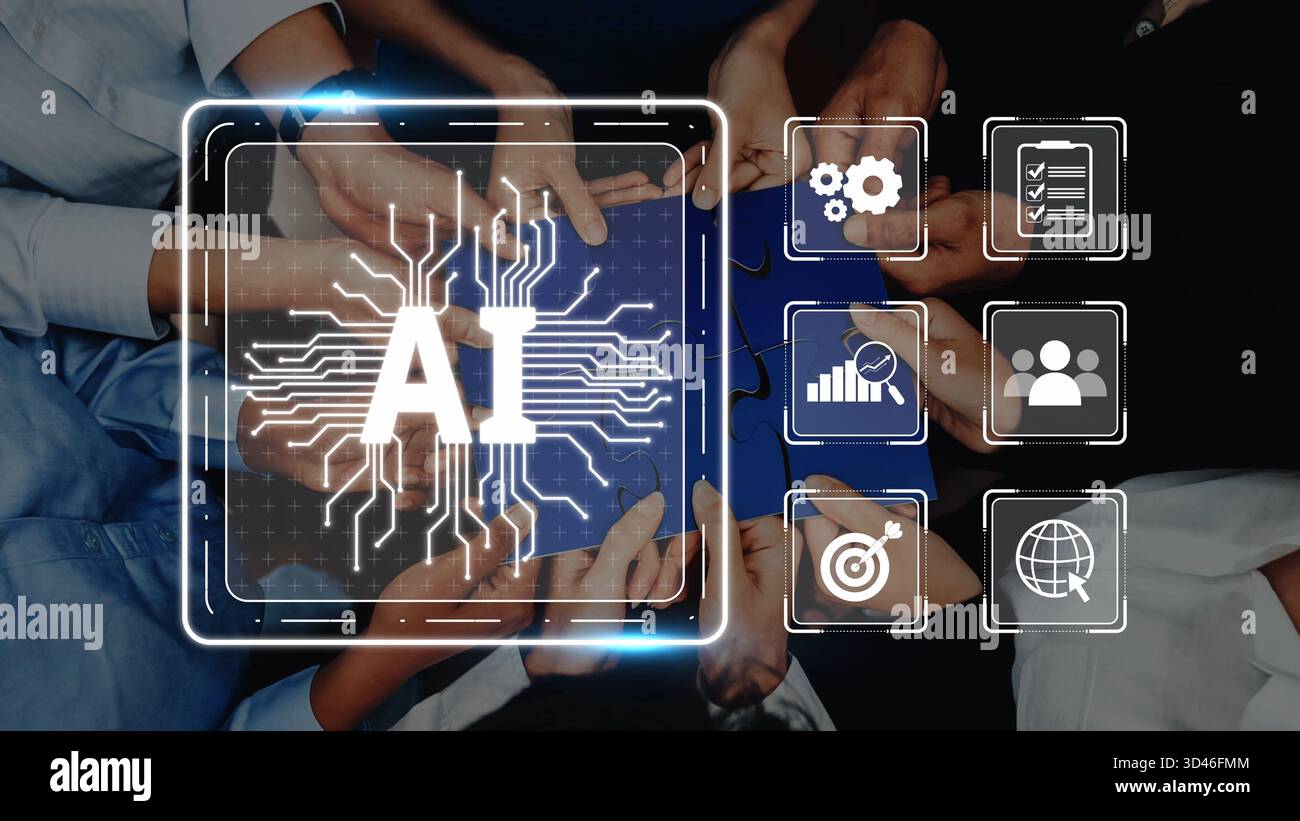 Teams collaborate around digital interfaces showcasing artificial ...