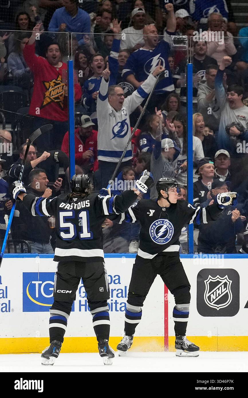Tampa Bay Lightning defenseman Emil Lilleberg, right, celebrates with ...