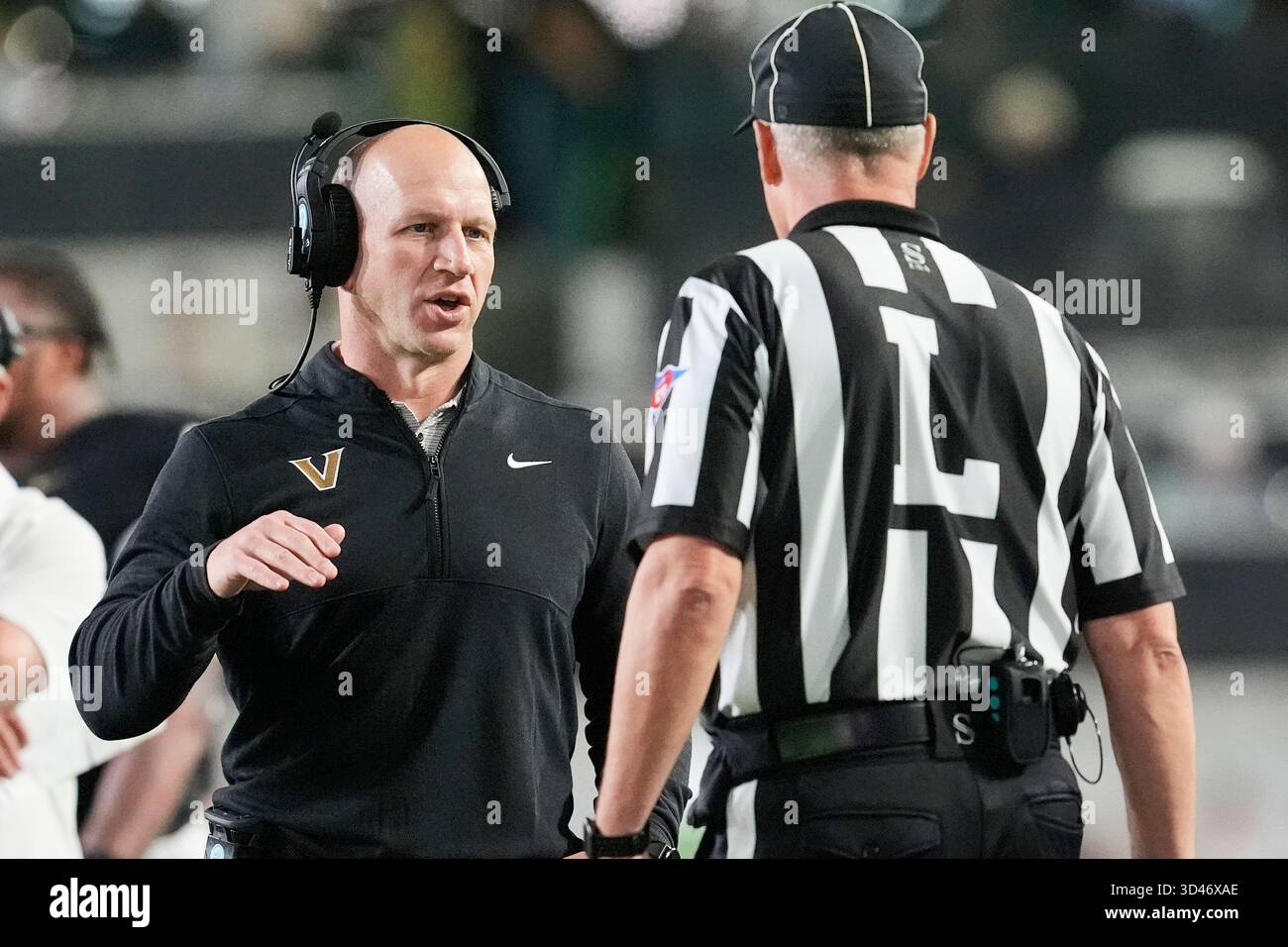 Vanderbilt head coach Clark Lea talks to an official during the second ...