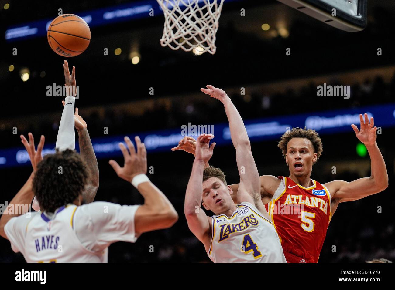 Atlanta Hawks guard Dyson Daniels (5) and Los Angeles Lakers forward ...
