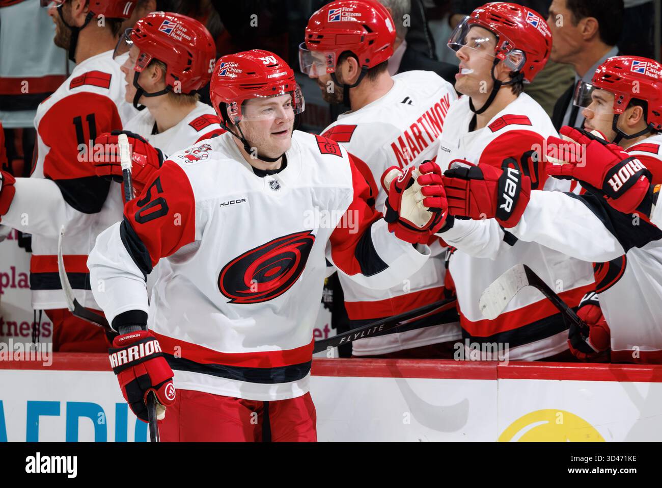 Carolina Hurricanes Eric Robinson (50) celebrates after scoring a goal ...