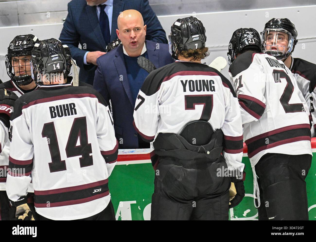 Union head coach Josh Hauge instructs his players against St. Lawrence ...