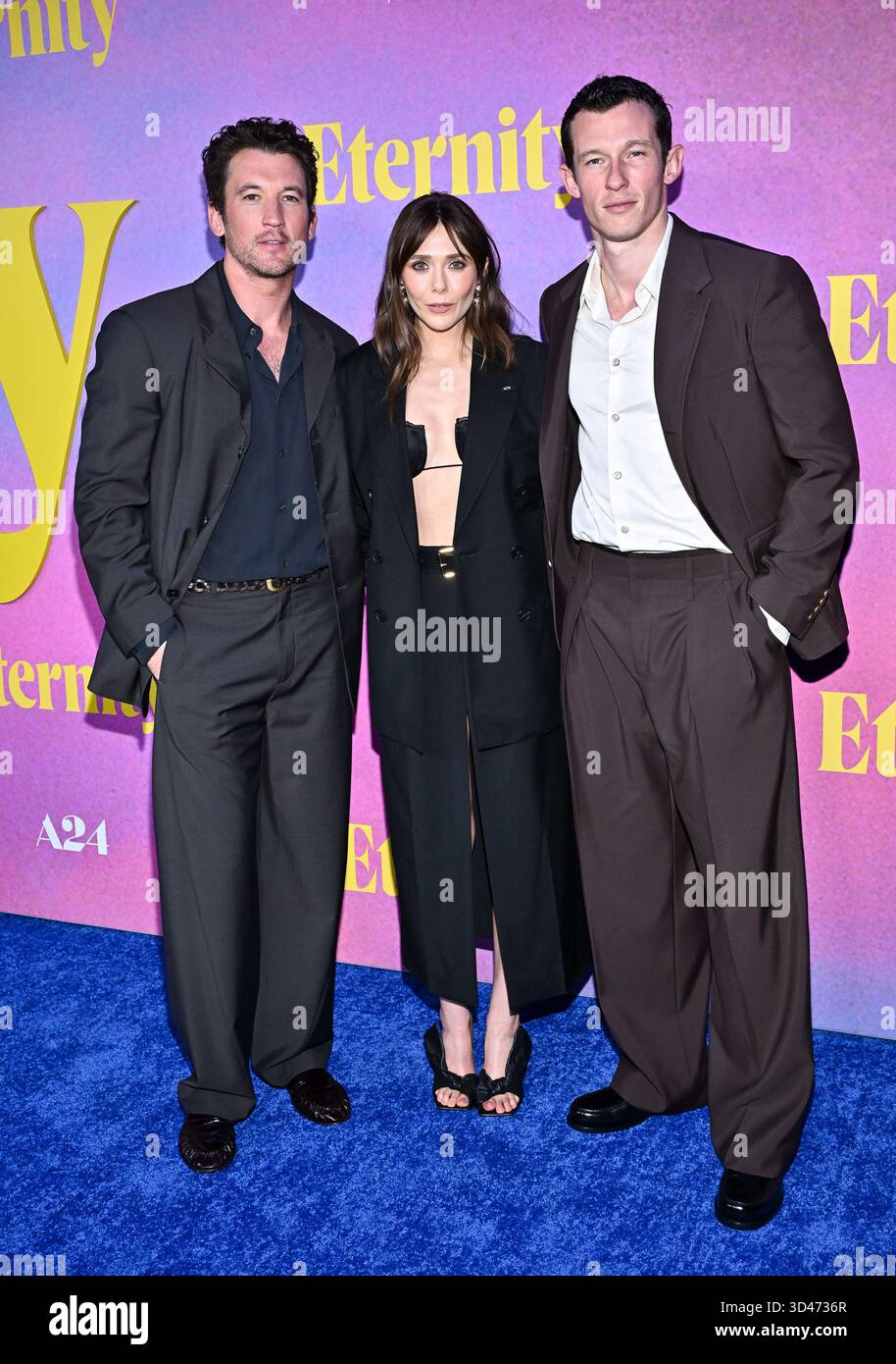 Miles Teller, left, Elizabeth Olsen and Callum Turner attend the special screening of "Eternity ...