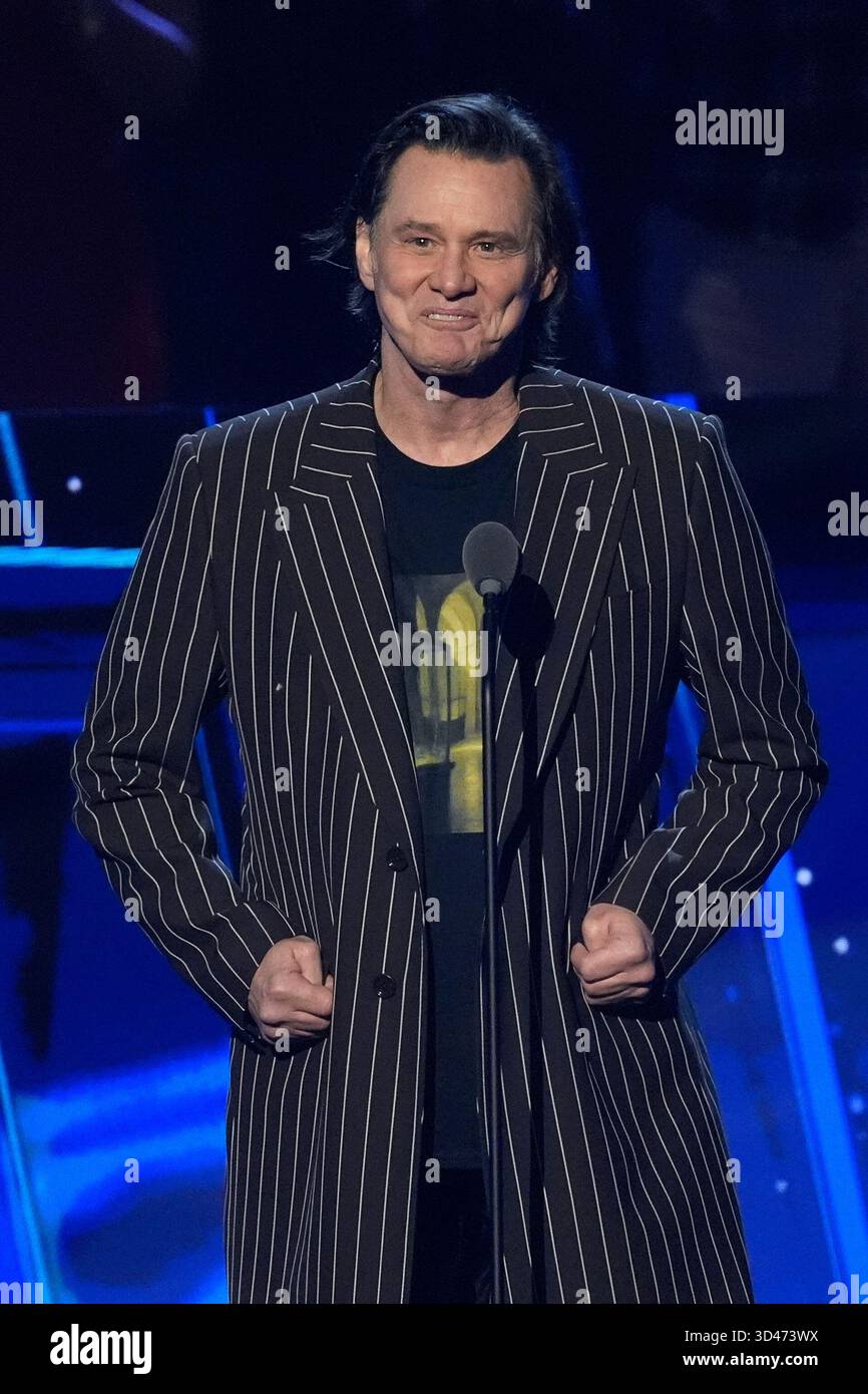 Jim Carrey speaks during the 2025 Rock and Roll Hall of Fame Induction ...