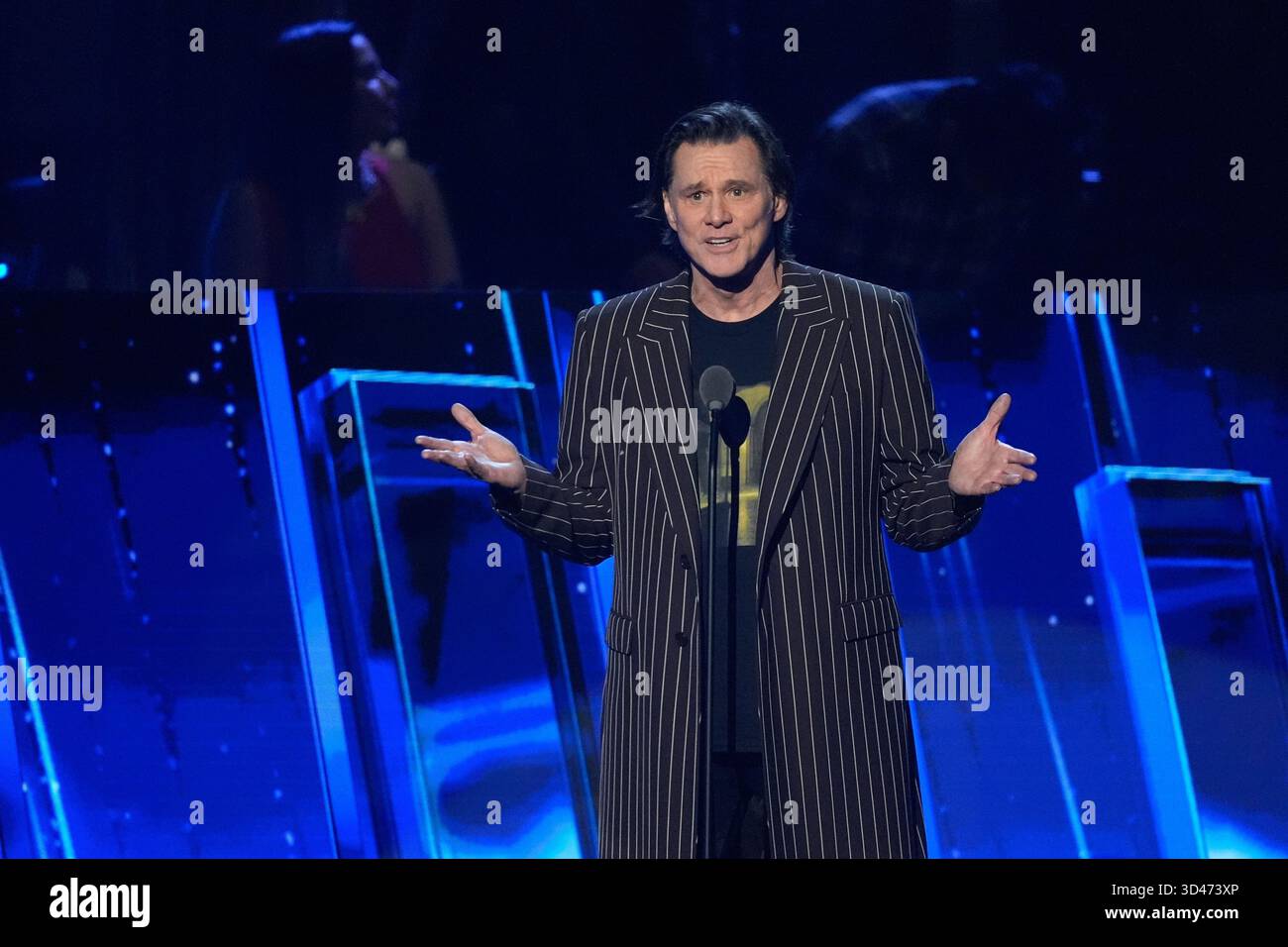 Jim Carrey speaks during the 2025 Rock and Roll Hall of Fame Induction ...