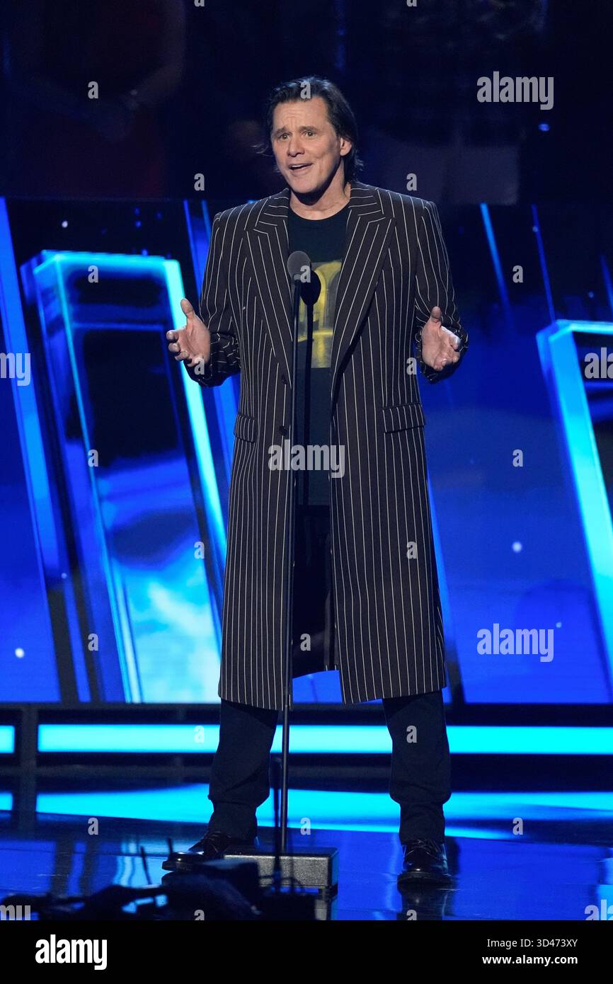 Jim Carrey speaks during the 2025 Rock and Roll Hall of Fame Induction ...