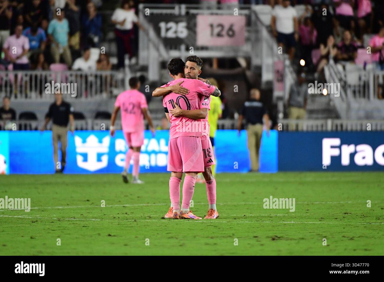 Inter Miami CF forward Lionel Messi (10) hugs Inter Miami CF defender ...