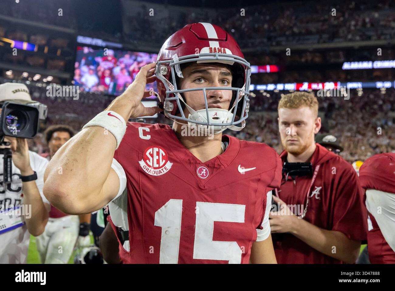 Alabama quarterback Ty Simpson (15) walks the field after a win over ...
