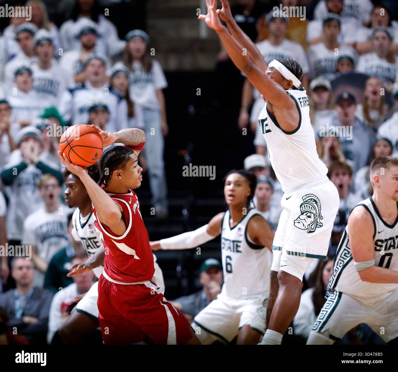 Michigan State guard Jeremy Fears Jr., right, pressures Arkansas guard ...