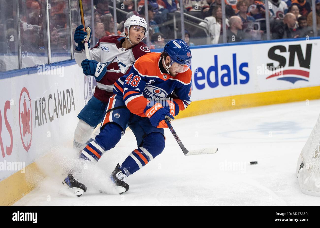 Colorado Avalanche's Sam Malinski (70) and Edmonton Oilers' Noah Philp ...