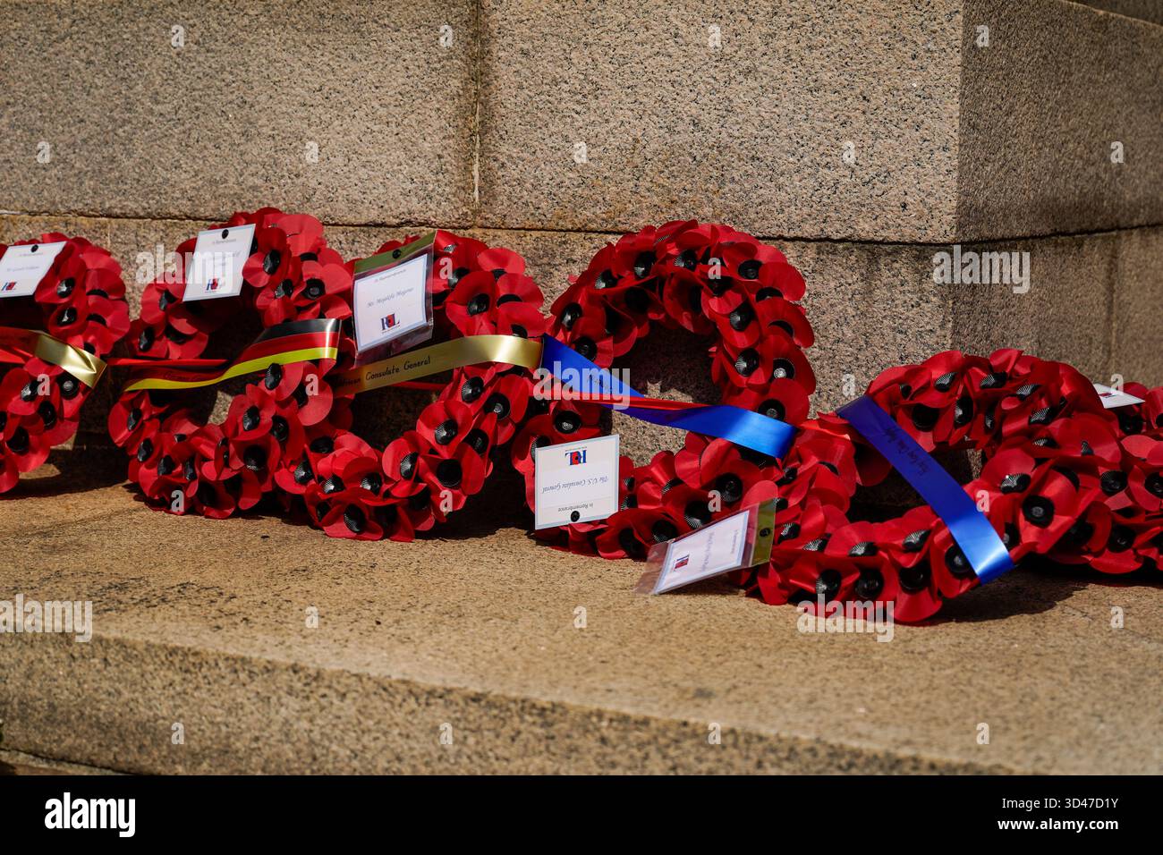 Remembrance flower circles at the Cenotaph during an event to mark ...