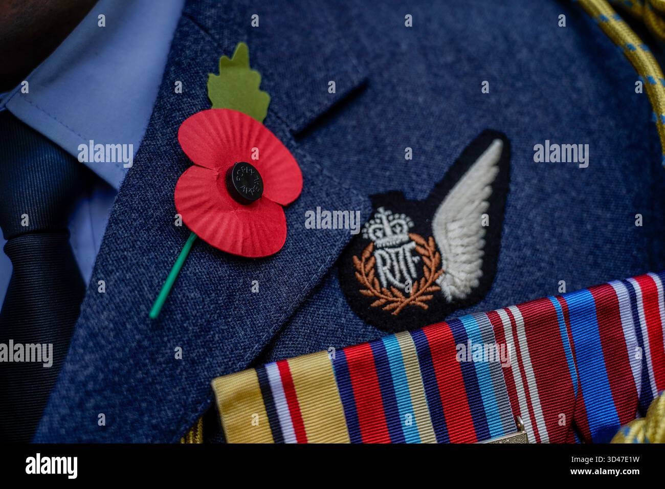 A member of the UK Royal Air Force(RAF) in uniform wearing medals and a ...