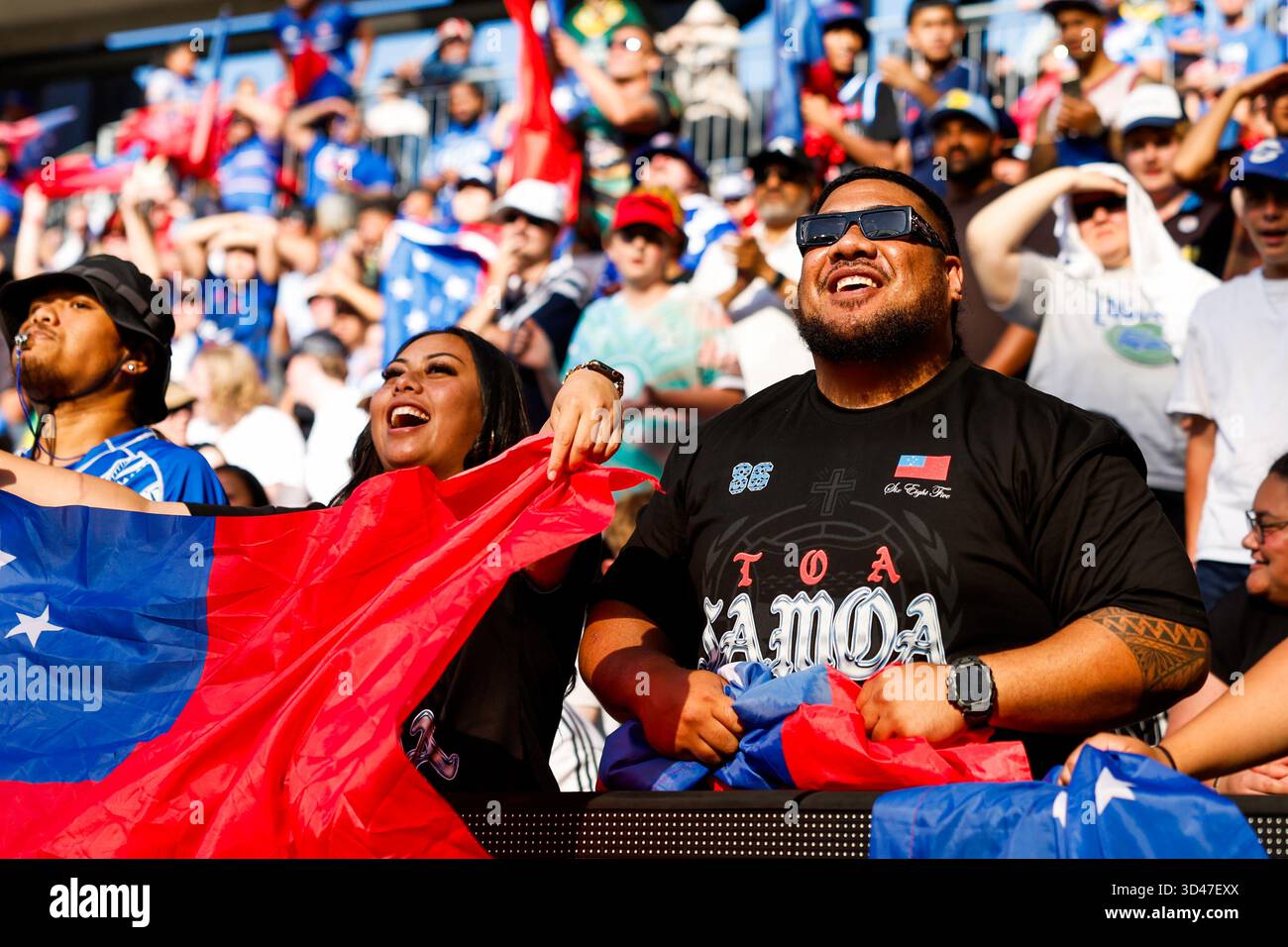 Samoan fans cheer during the rugby league Pacific Cup Men’s match ...