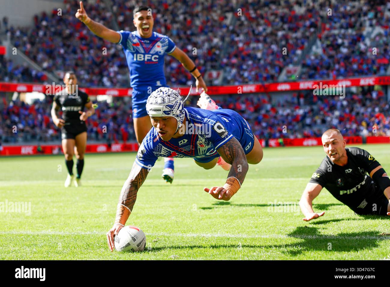 Brian To’o of Toa Samoa scores a try during the rugby league Pacific ...