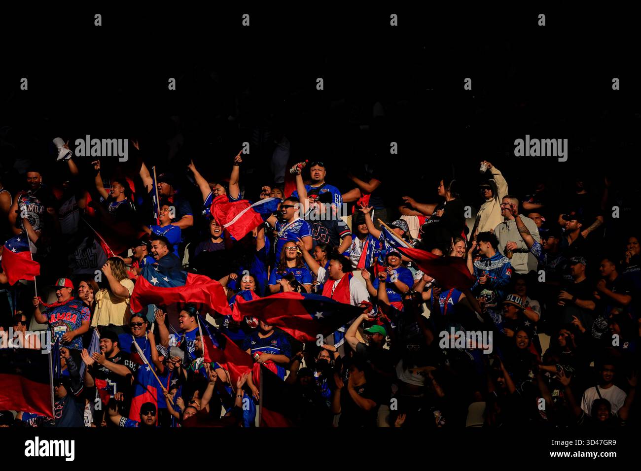 Samoan fans cheer during the rugby league Pacific Cup Men’s match ...