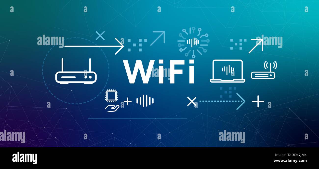 WiFi Wireless Fidelity icons show network devices router laptop and ...