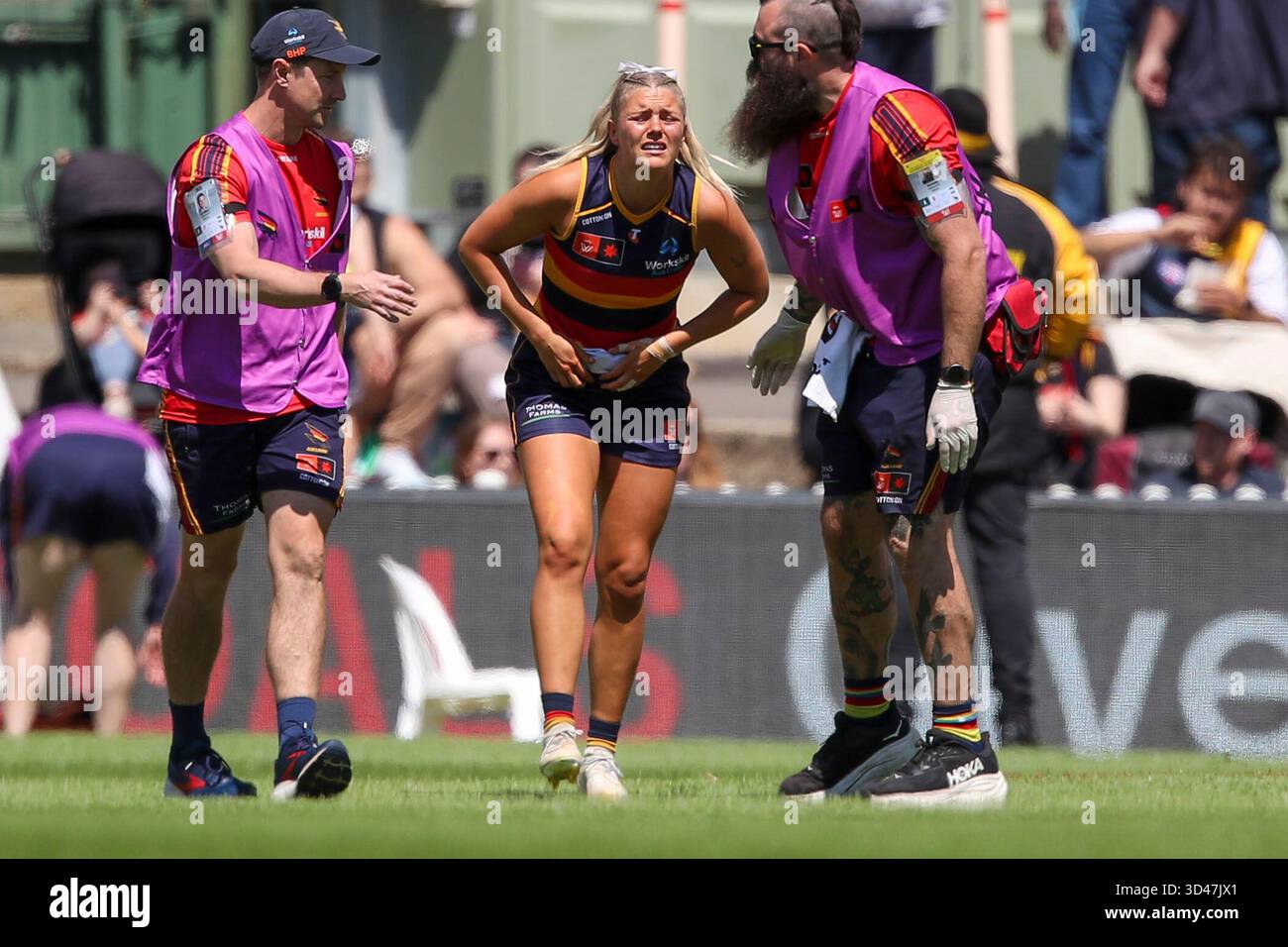 Brooke Boileau of the Crows injures her calf muscle during the AFLW ...